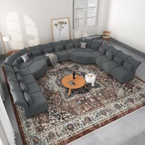 LLappuil Oversized Modular Sectional Sofa 214.6" 16-Seater U Shaped Couch with Large Storage Chaise, Velvet High Back Recliner Couches with Big Ottoman for Living Room, Grey