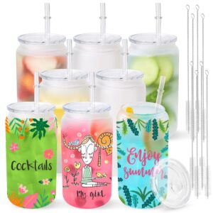 joyclub 8 pack sublimation cups 16 oz frosted glass cans blanks with clear lids mason jars for iced coffee beer juice and soda drinks