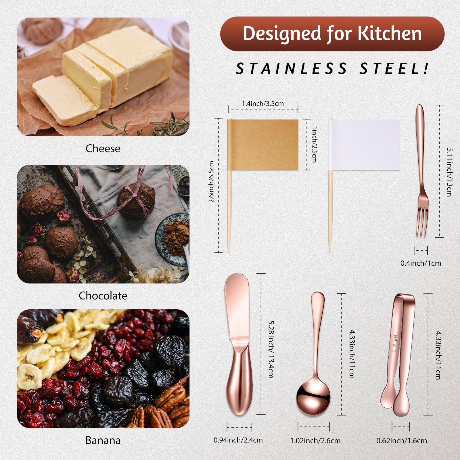 14 Pieces Charcuterie Board Accessories Cheese Spreader Knives Set Stainless Steel Charcuterie Utensils Spreader Knives Mini Serving Tongs Spoons and Forks for Cheese and Pastry Making (Rose Gold)