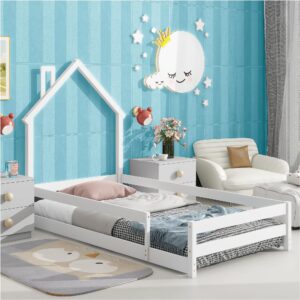 dolonm twin size montessori toddler floor bed frame, modern house-shaped frame headboard bed with fences, pine wood with full-length guardrails, bed for girls boys(without slats), white