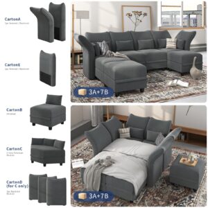 LLappuil Oversized Modular Sectional Sofa 214.6" 16-Seater U Shaped Couch with Large Storage Chaise, Velvet High Back Recliner Couches with Big Ottoman for Living Room, Grey