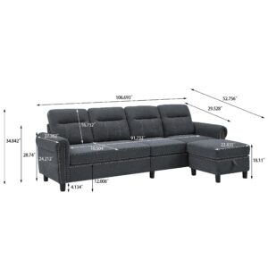 Jarenie 107" Convertible Sectional Sofa, 4-Seat L Shaped Couch with Storage Chaise Lounge and Side Pocket, Modern Linen Fabric Sectional Couches for Living Room, Dark Grey