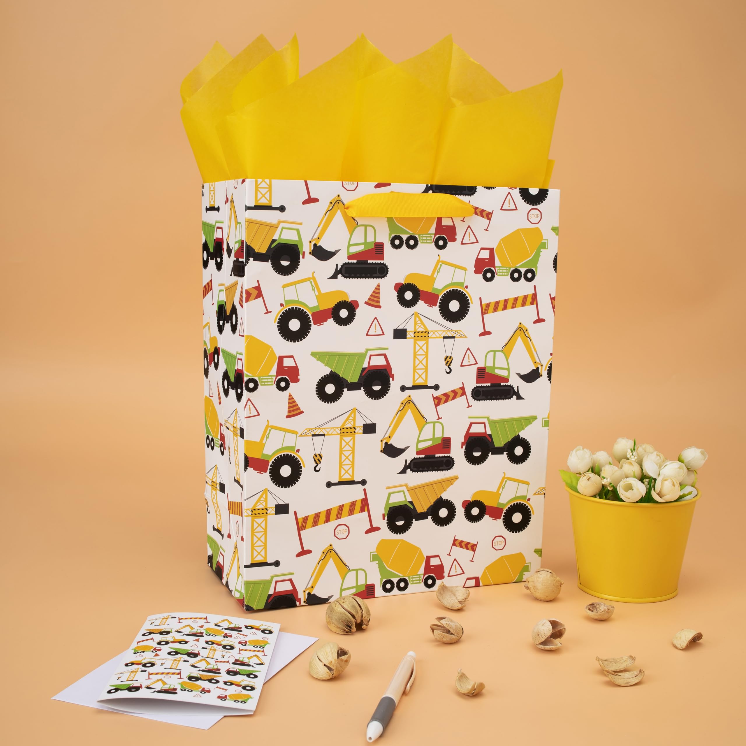 13" Large Construction Vehicle Gift Bags Set with Greeting Card and Tissue Paper (Yellow Car Design) for boys, Construction Kids Birthday Party, Baby boy, Baby Shower, Truck, Newborn -10.2”x5.2”x13”, 1 Pcs