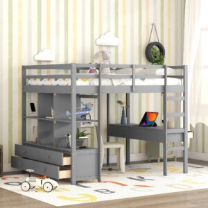 full size loft bed with desk and storage drawers, wood loft beds frame with bookcase and shelves for dorm bedroom, high loft bed for kids adults boys girls teens, gray