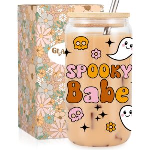 fairy's gift halloween spooky cup, cute ghost glass cup with lid and straw, spooky babe & ghost skulls halloween cup, spooky ice coffee cup - halloween gifts, spooky gifts for women, teens, her