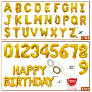 74PCS Gold Birthday Balloon, Number Balloon and Letter Balloon, 32inch 0-9, 2 Set 16inch A-Z & HAPPY BIRTHDAY, DIY Golden Foil Balloons for Wedding Party Decoration Anniversary Celebration Graduation