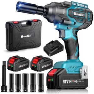 seesii 1000nm(738ft-lbs) cordless impact wrench high torque,1/2" brushless impact gun w/two 4.0ah battery,fast charger, 5 sockets & storage case, electric impact wrench for car truck,wh760