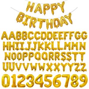 74pcs gold birthday balloon, number balloon and letter balloon, 32inch 0-9, 2 set 16inch a-z & happy birthday, diy golden foil balloons for wedding party decoration anniversary celebration graduation