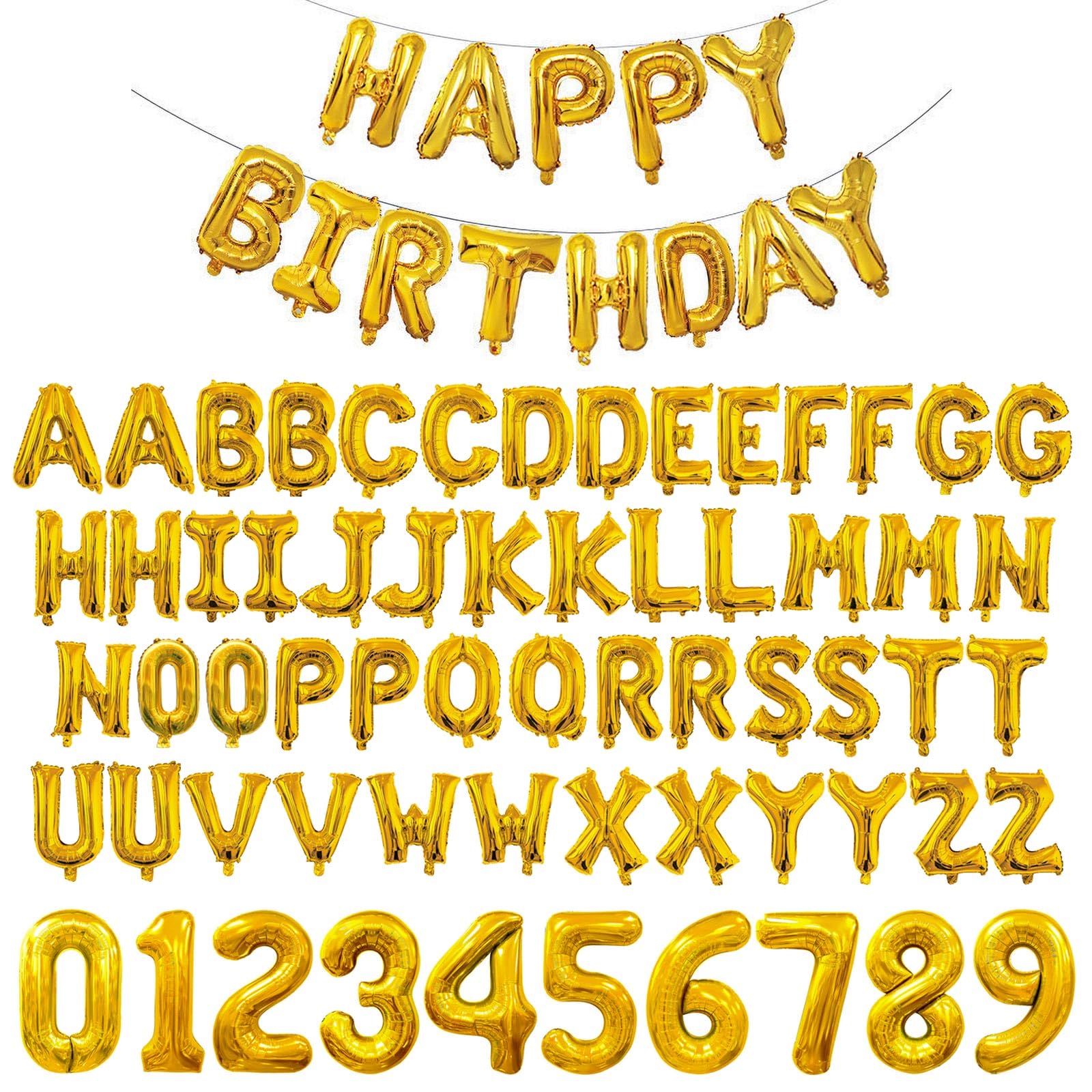 74PCS Gold Birthday Balloon, Number Balloon and Letter Balloon, 32inch 0-9, 2 Set 16inch A-Z & HAPPY BIRTHDAY, DIY Golden Foil Balloons for Wedding Party Decoration Anniversary Celebration Graduation