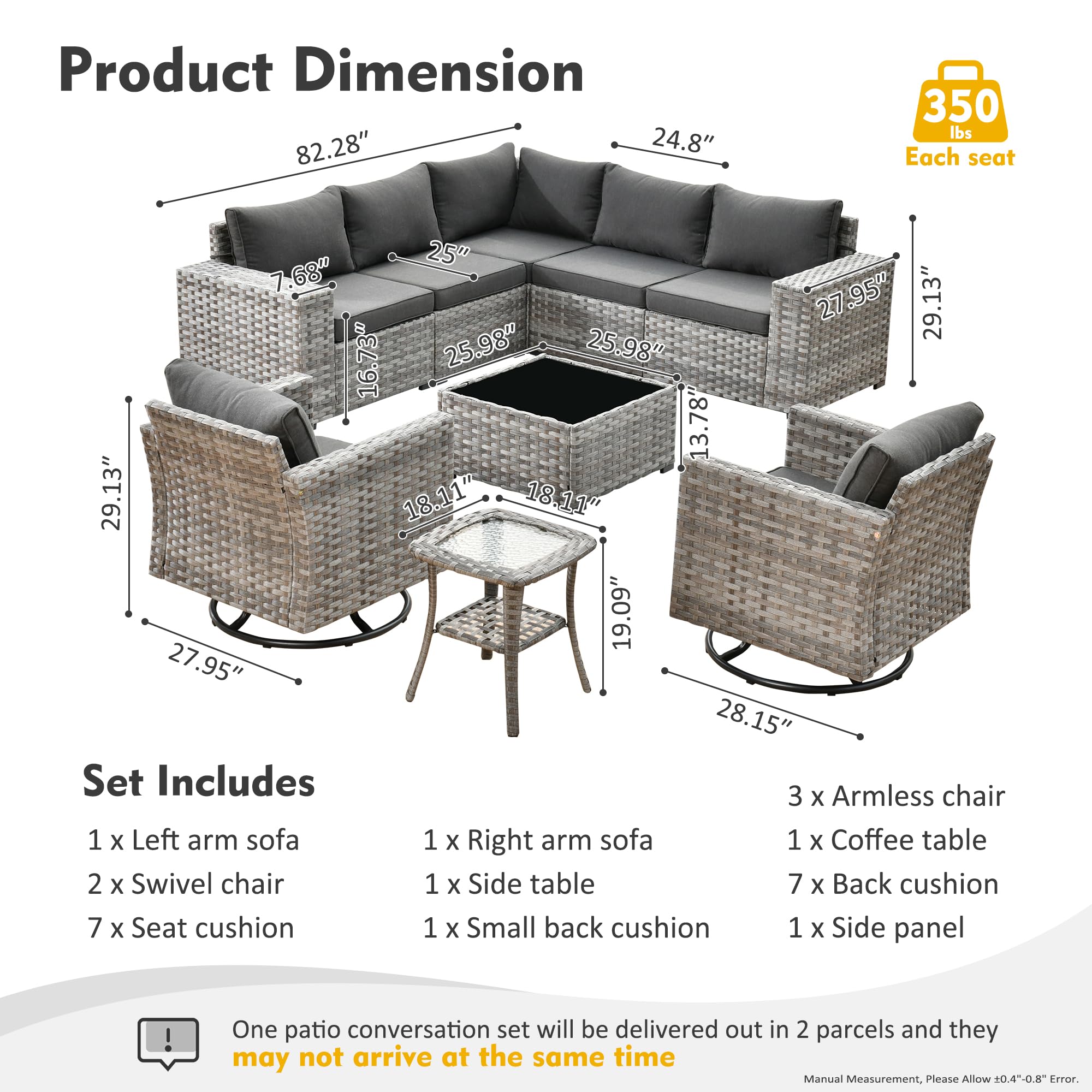 XIZZI Patio Furniture Sets Outdoor Sectional Sofa with Swivel Rocking Chairs,9 PCS All Weather PE Wicker Outside Conversation Couch with Coffee and Side Table for Backyard Deck Garden,Black