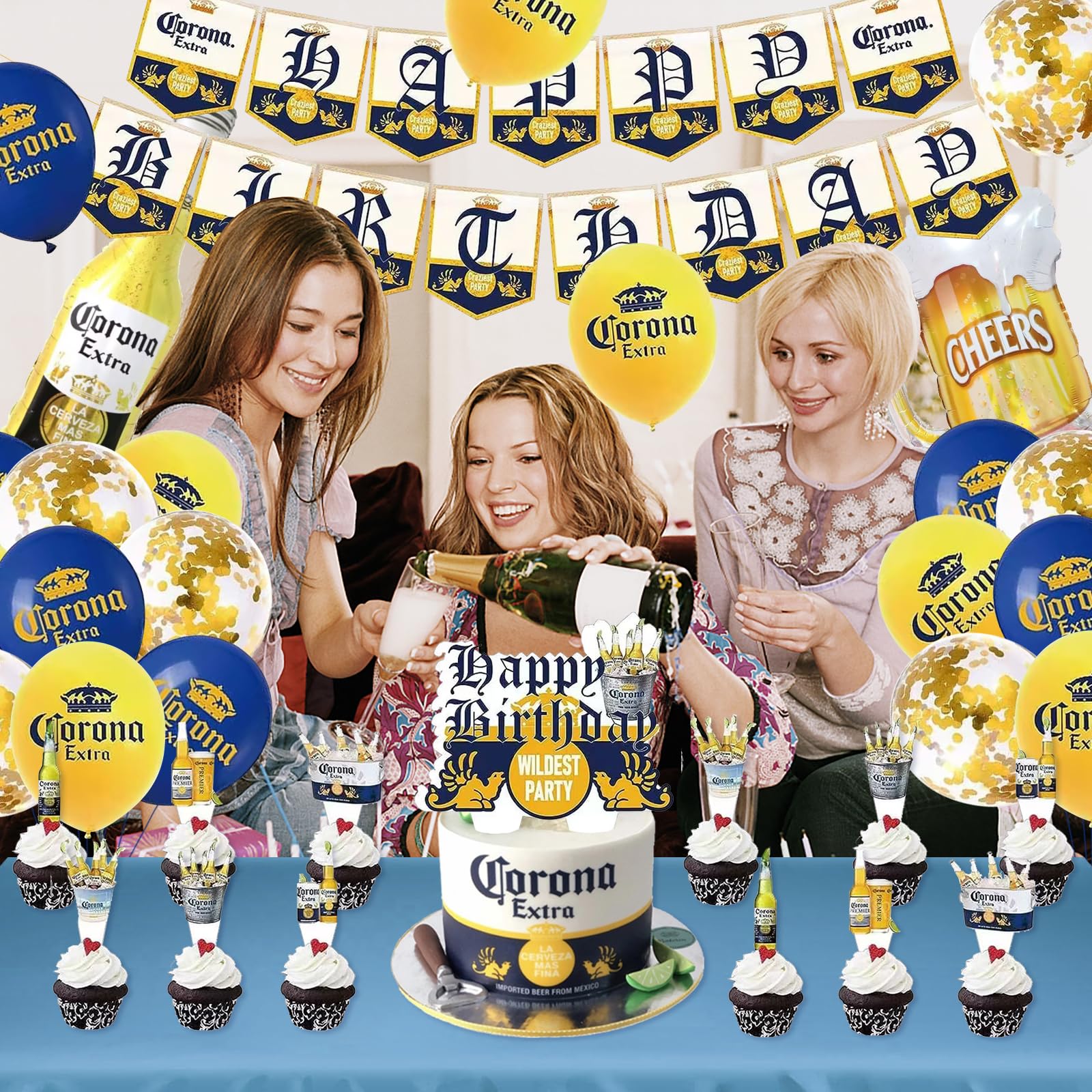 Corona Beer Themed Party, Men Women Boys Girls Birthday Party Balloon Decorations, Include Birthday Happy Banner, Cupcake Decoration, Aluminum Film latex 34 pcs Kit