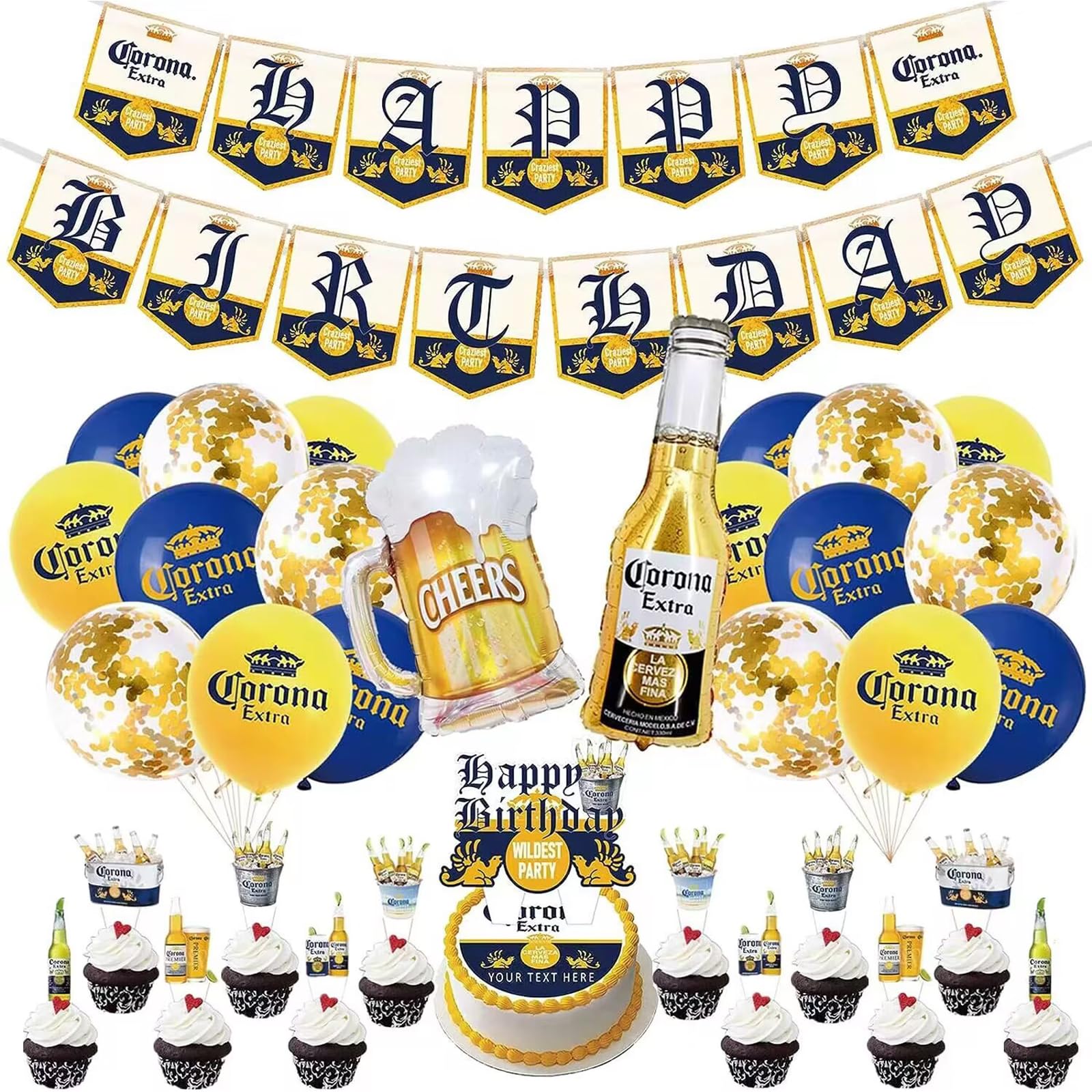 Corona Beer Themed Party, Men Women Boys Girls Birthday Party Balloon Decorations, Include Birthday Happy Banner, Cupcake Decoration, Aluminum Film latex 34 pcs Kit