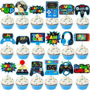 Video Game Cupcake Toppers 36pcs Game Party Cupcake Picks Game On Controllers Cake Picks Gamepad Birthday Party Decoration for Game Theme Baby Shower Supplies(Blue)