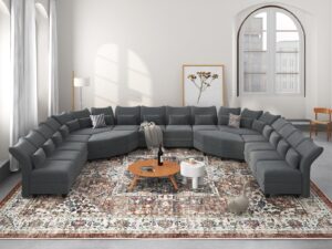 llappuil oversized modular sectional sofa 214.6" 16-seater u shaped couch with large storage chaise, velvet high back recliner couches with big ottoman for living room, grey