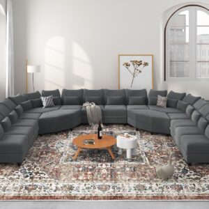 LLappuil Oversized Modular Sectional Sofa 214.6" 16-Seater U Shaped Couch with Large Storage Chaise, Velvet High Back Recliner Couches with Big Ottoman for Living Room, Grey