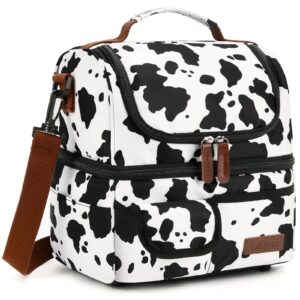 lokass lunch box for women-double deck insulated adults lunch bag with removable shoulder strap-cow print cute wide open lunch tote for work/office/picnic/beach/travel