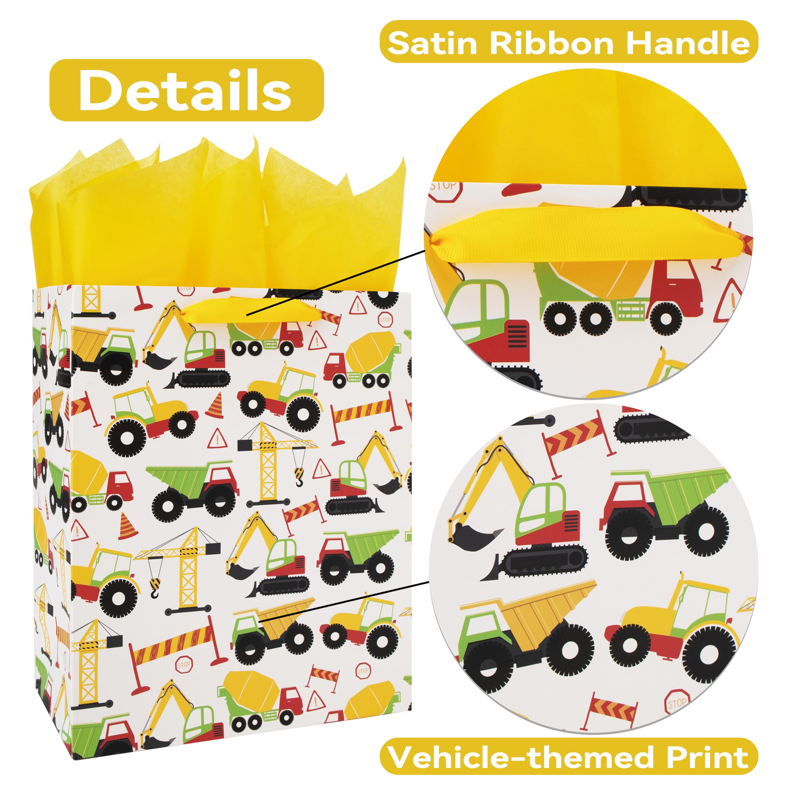 13" Large Construction Vehicle Gift Bags Set with Greeting Card and Tissue Paper (Yellow Car Design) for boys, Construction Kids Birthday Party, Baby boy, Baby Shower, Truck, Newborn -10.2”x5.2”x13”, 1 Pcs