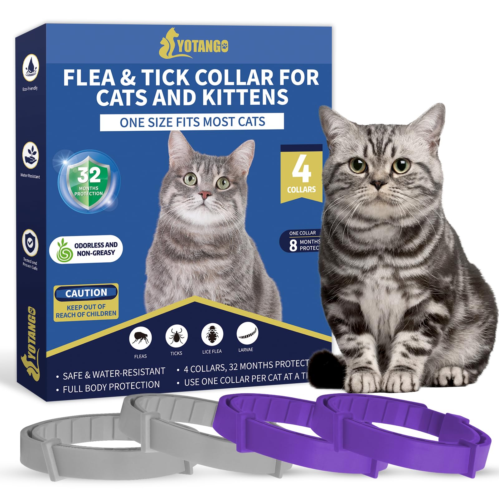 4 Pack Flea Collar for Cats, 32 Months Flea and Tick Prevention for Cats, Waterproof Cat Flea Collar, Natural Cat Flea and Tick Treatment, Adjustable Flea and Tick Collar for Cats Kittens(Grey&Purple)