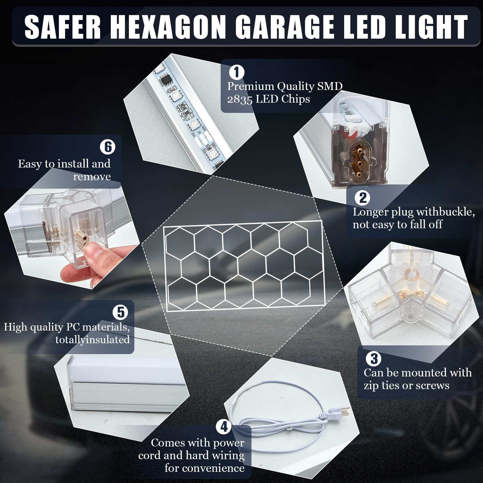 Baquler 15 Hexagon LED Garage Light System Honeycomb LED Shop Lights with White Border for Garage Workshop Car Detailing Shop Exhibition Hall, 680 W 81600 LM, 15.88 x 7.98 ft Ceiling Decor(1 Set)