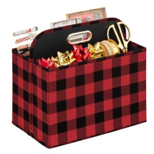 mdesign holiday storage box for gift wrapping and bows with compartments and handle - christmas organizer tote for ribbons - divided container for crafts and stationary - buffalo plaid, red/black