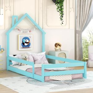 floor bed with rails, twin size montessori bed with house shape headboard and fence, wood floor bed frame for kids boys girls, box spring needed, blue