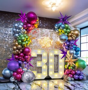 metallic balloon garland kit 150pcs hot pink purple green blue silver gold latex starburst 80s 90s disco ball party balloons for birthday graduation last bachelorette decoration new year eve supplies