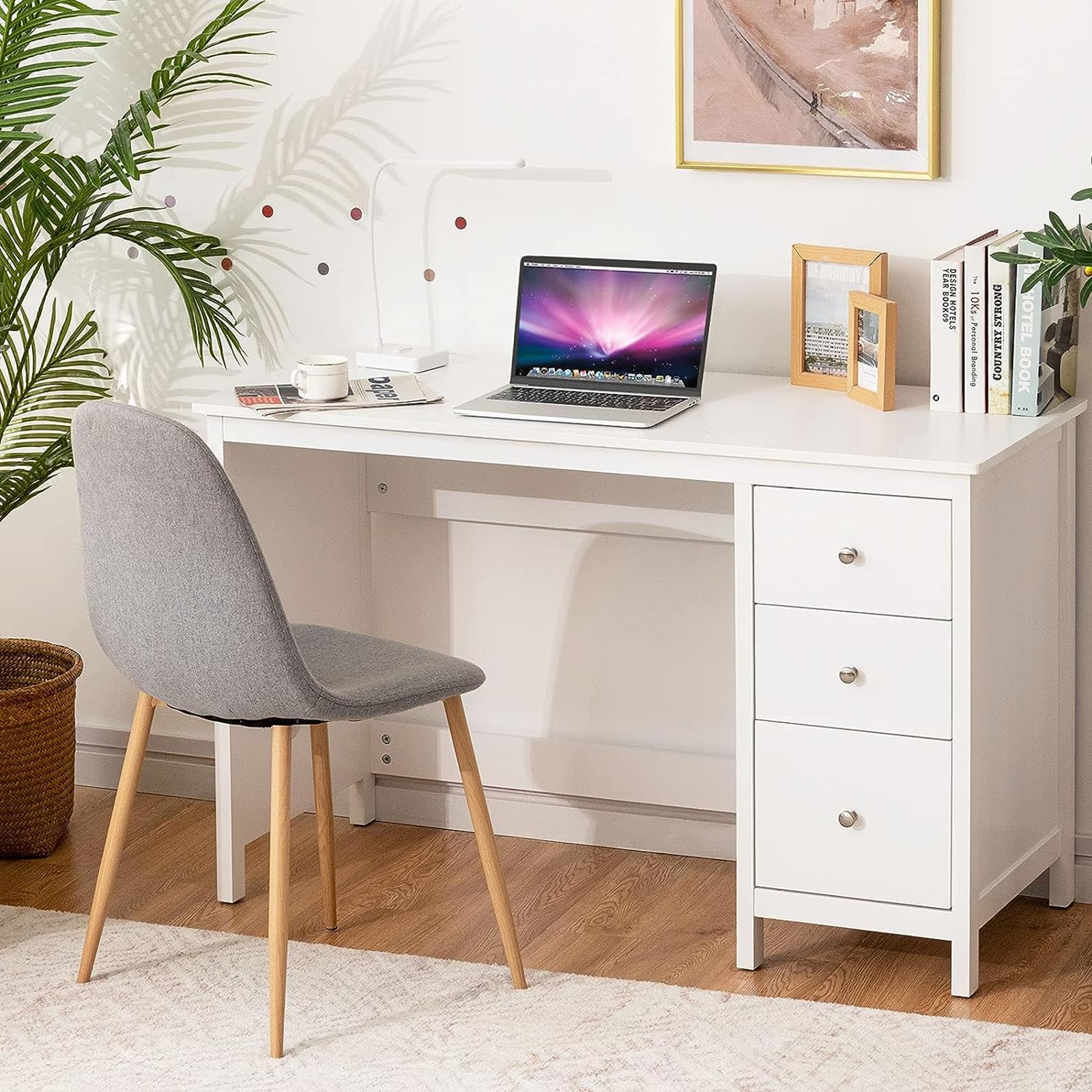 POWERSTONE Computer Desk with 3 Drawers, 48" Modern Home Office Desk Study Writing Table Computer Workstation (White)