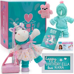 itsy unicorn stuffed animal gift box - pink unicorn plush toys with ballerina, onesie clothes and mini teddy bear, good for unicorns girl gifts age 4-5, unicorn toys for girls age 6-8, unicorn stuff