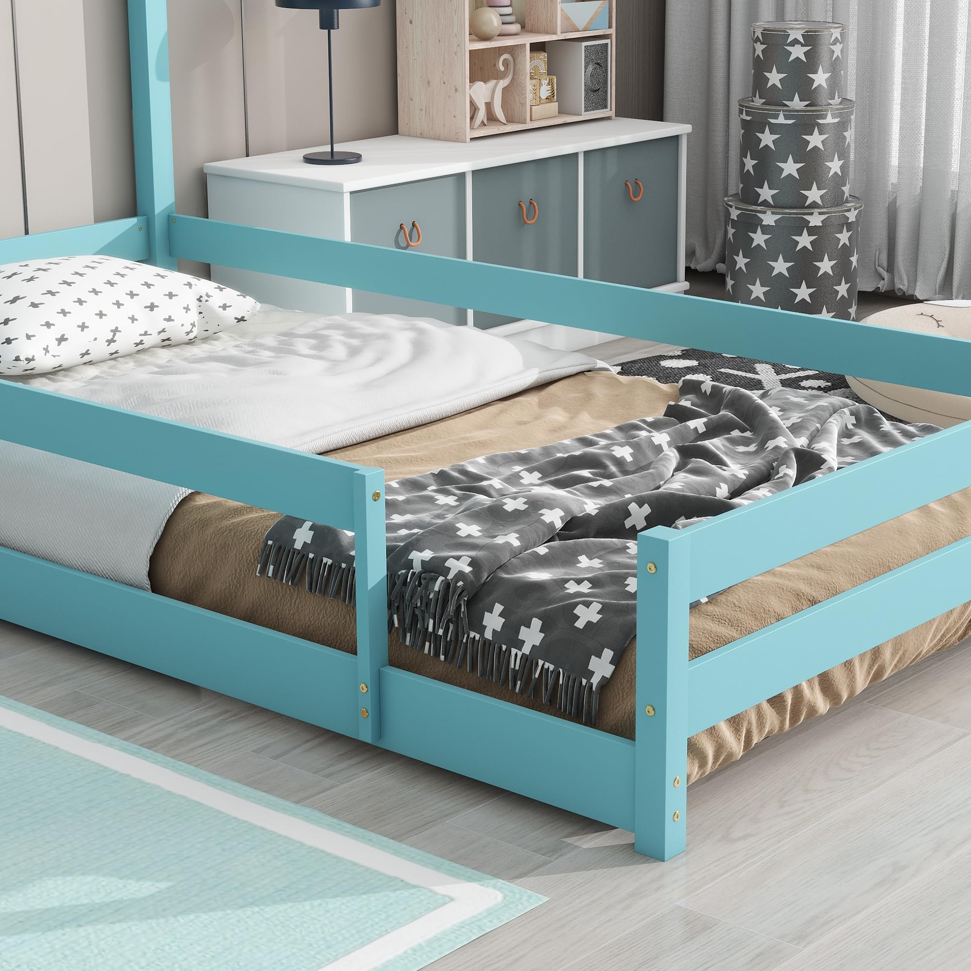 Floor Bed with Rails, Twin Size Montessori Bed with House Shape Headboard and Fence, Wood Floor Bed Frame for Kids Boys Girls, Box Spring Needed, Blue