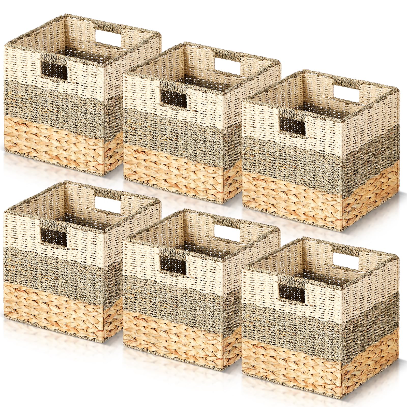 6 Pack Natural Wicker Storage Cubes Baskets 12 x 12 Wicker Basket Laundry Organizer for Cube Shelf, Foldable Square Baskets with Built in Handles for Shelves Decor Inserts