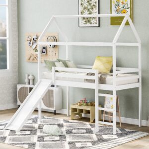 harper & bright designs twin size loft bed with slide, house loft bed with slide, solid wood bed frame for kids girls & boys, white