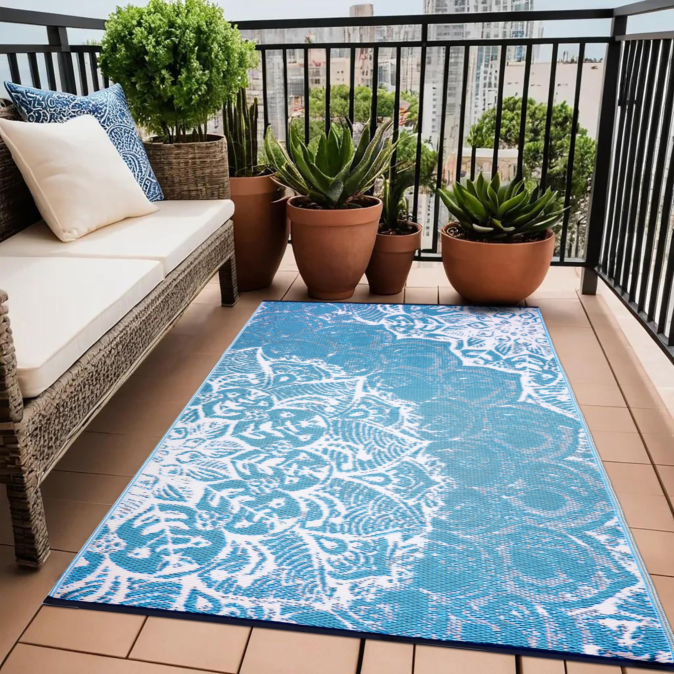 Lush Ambience Outdoor Rug - Waterproof, Reversible, Crease Free, Stain Resistant, Fade Resistant - Premium Recycled Plastic Small Rugs for Patio, Porch, Deck, Laundry Room - Deniz Teal 3X5 ft