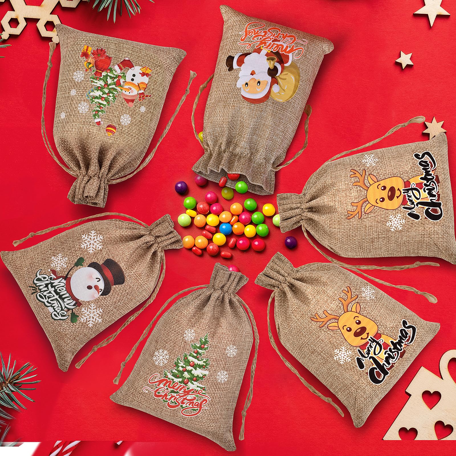 TANGXIA Christmas Small Burlap Bags with Drawstring, Burlap Gift Bags Christmas Linen Treat Sacks Gift Wrapping Bags Xmas Holiday Party Favors Bags(7x5 inch, 24 Pcs)