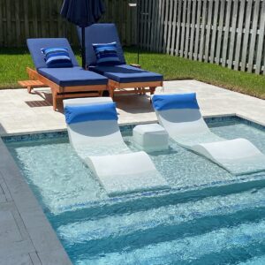 Aqua Outdoors in-Pool Chaise Set - Two Chaises - Two Headrest Pillows and One in Pool Side Table - for ledges up to 9" inches (White Granite-Blue)