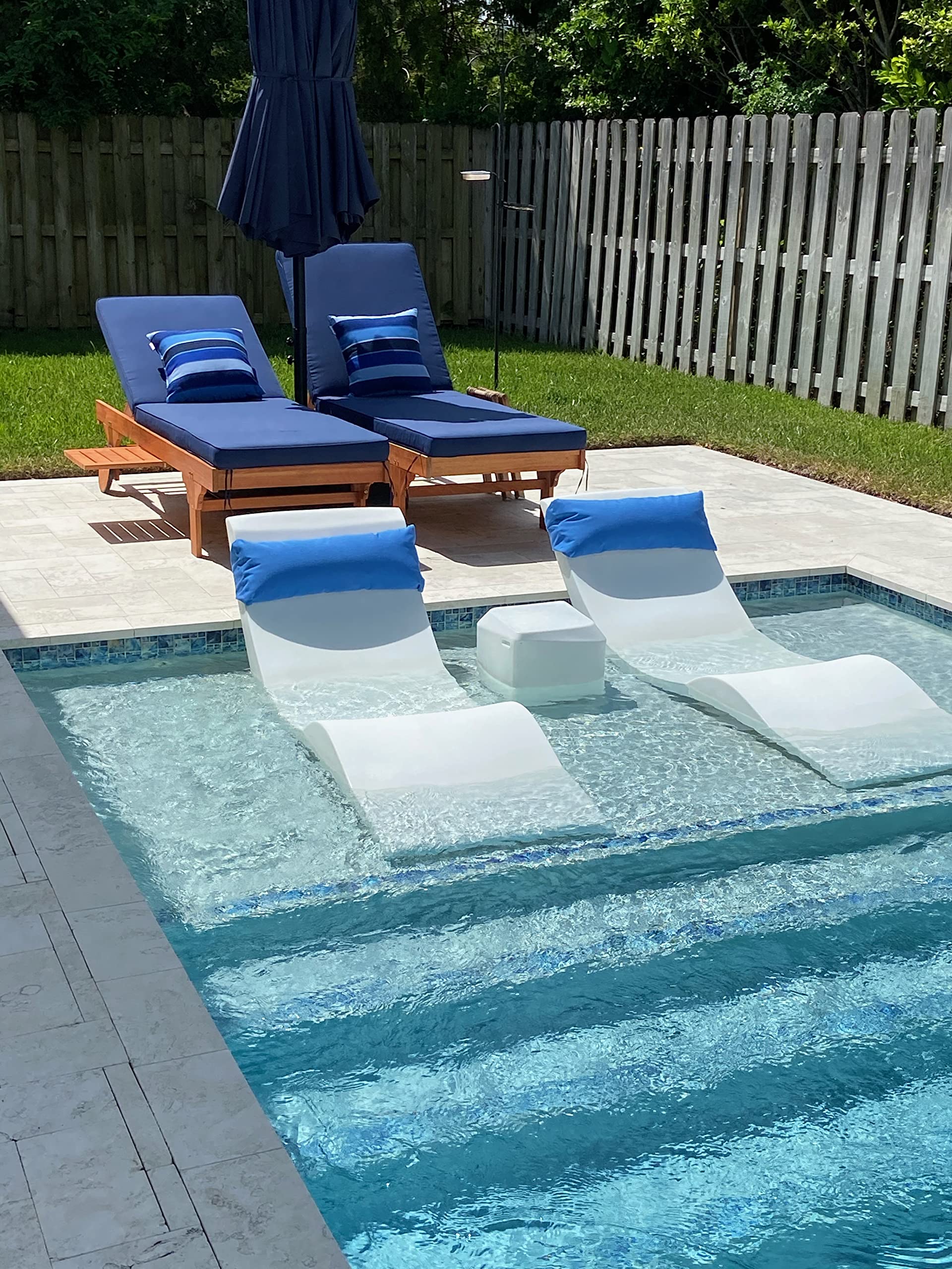 Aqua Outdoors in-Pool Chaise Set - Two Chaises - Two Headrest Pillows and One in Pool Side Table - for ledges up to 9" inches (White Granite-Blue)