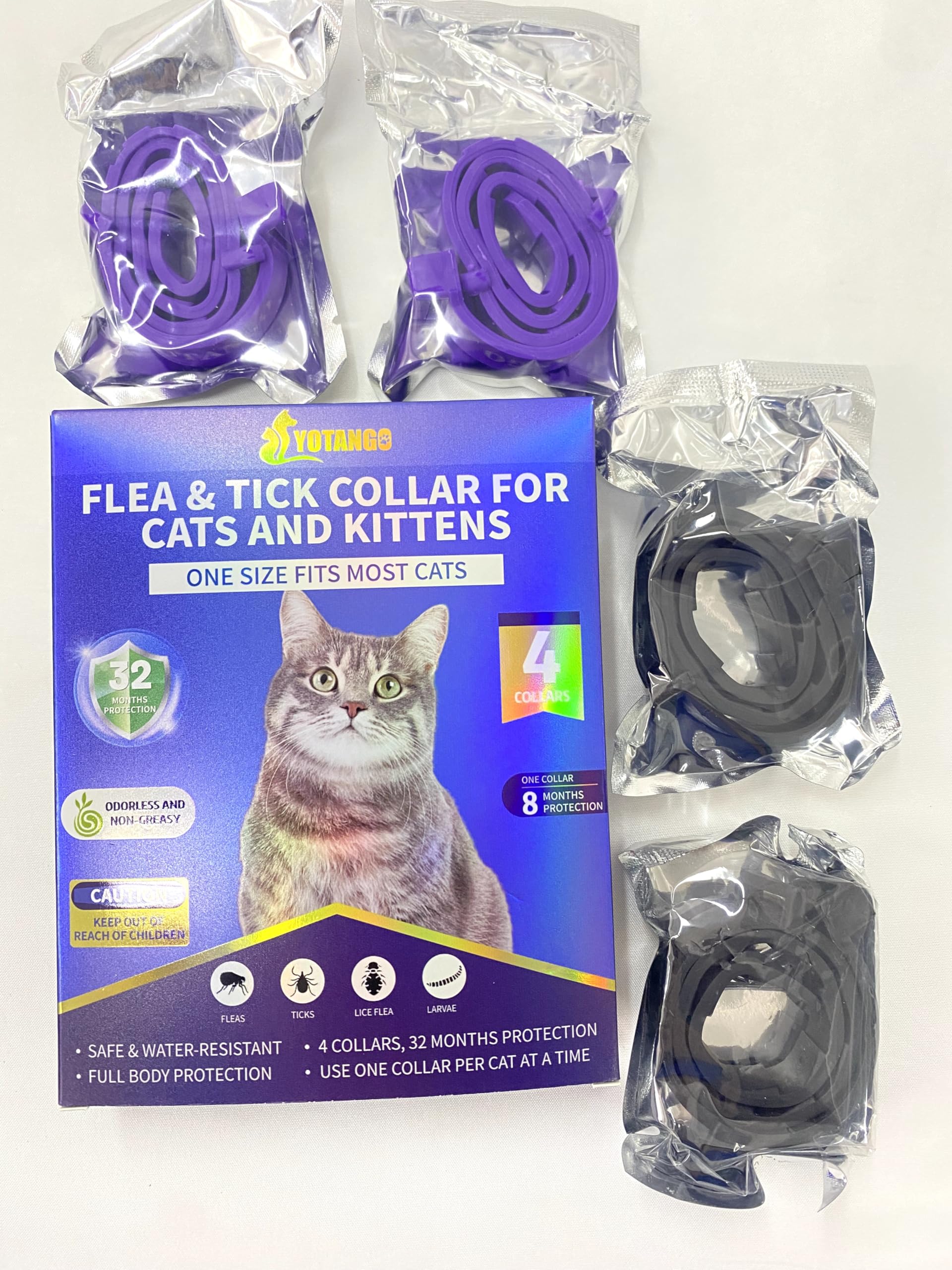 4 Pack Flea Collar for Cats 32Months Flea Tick Prevention for Cats Waterproof Cat Flea Collar Natural Cat Flea Tick Treatment Adjustable Flea Tick Collar for Cats Kittens(Black&Purple)