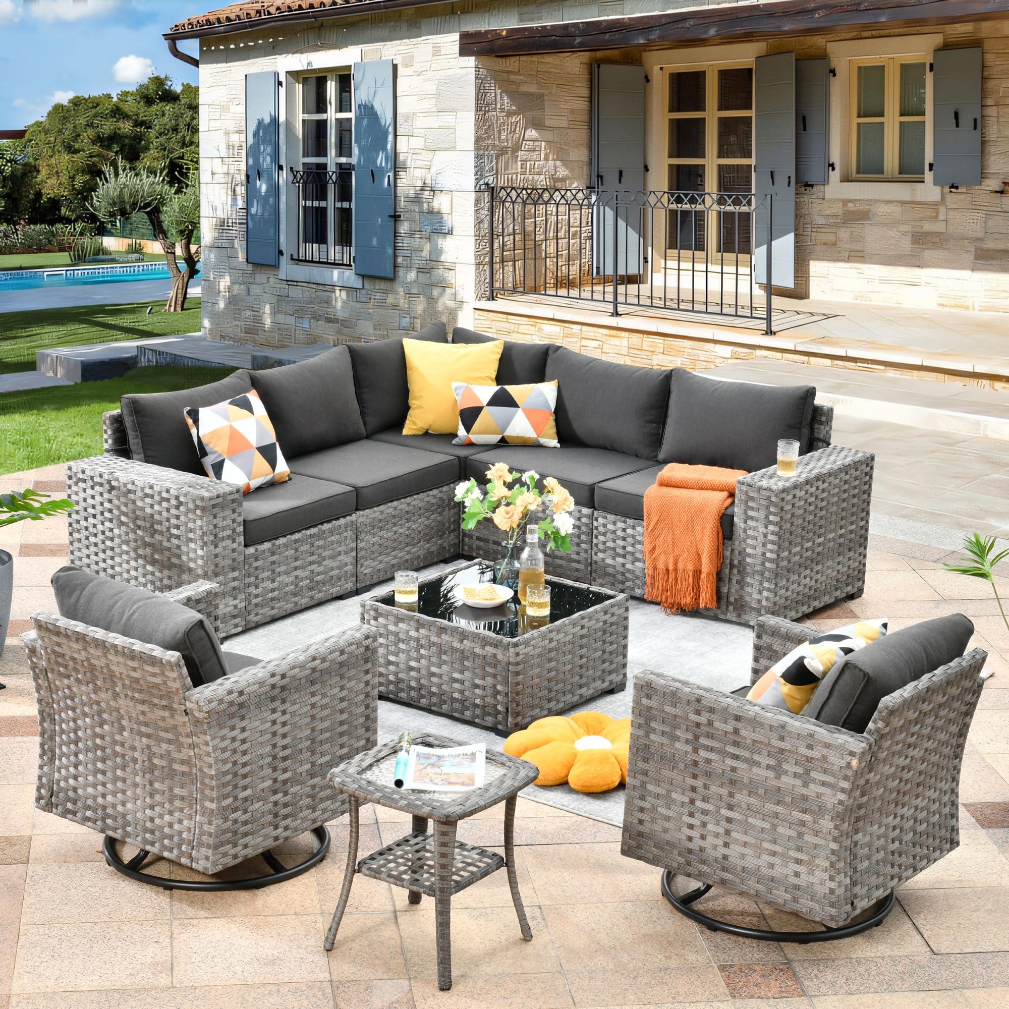 XIZZI Patio Furniture Sets Outdoor Sectional Sofa with Swivel Rocking Chairs,9 PCS All Weather PE Wicker Outside Conversation Couch with Coffee and Side Table for Backyard Deck Garden,Black