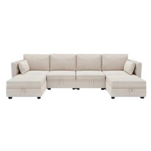 Olela Modular Sectional Sofa, Convertible U Shaped Couch with Storage Ottoman Linen Fabric 6 Seat Sleeper Sofa with Reversible Chaise for Living Room (Beige)