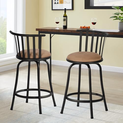 FurnitureR Classic Barstools Set of 2, Country Style Bar Chairs with Back and Footrest Swivel Counter Height Bar Stools for Kitchen Island Pub, Bistro, Restaurant, Rustic Brown and Black (24 Inch)