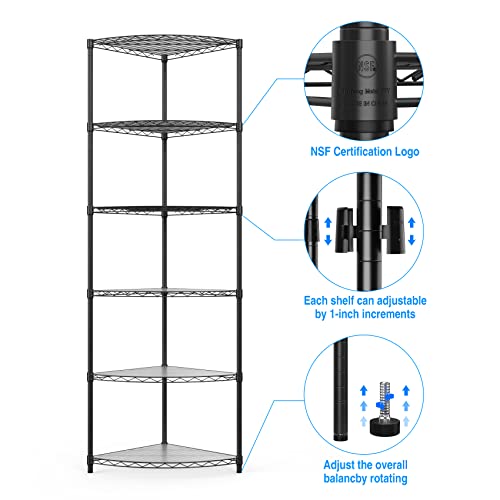 6 Tier NSF Corner Wire Shelf Shelving Unit, 18 x 18 x 72 Inch 420lbs Capacity Heavy Duty Adjustable Metal Storage Rack with Leveling Feet & Shelf Liners for Office Kitchen Bathroom and More - Black