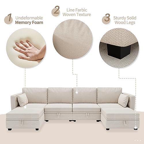 Olela Modular Sectional Sofa, Convertible U Shaped Couch with Storage Ottoman Linen Fabric 6 Seat Sleeper Sofa with Reversible Chaise for Living Room (Beige)