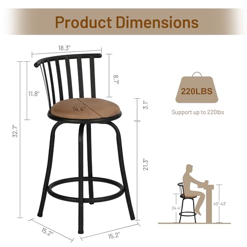 FurnitureR Classic Barstools Set of 2, Country Style Bar Chairs with Back and Footrest Swivel Counter Height Bar Stools for Kitchen Island Pub, Bistro, Restaurant, Rustic Brown and Black (24 Inch)