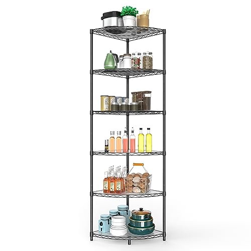 6 Tier NSF Corner Wire Shelf Shelving Unit, 18 x 18 x 72 Inch 420lbs Capacity Heavy Duty Adjustable Metal Storage Rack with Leveling Feet & Shelf Liners for Office Kitchen Bathroom and More - Black