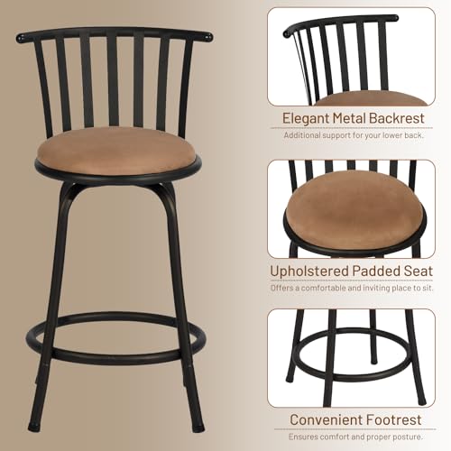 FurnitureR Classic Barstools Set of 2, Country Style Bar Chairs with Back and Footrest Swivel Counter Height Bar Stools for Kitchen Island Pub, Bistro, Restaurant, Rustic Brown and Black (24 Inch)