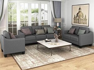 fanye 3 pieces living room furniture sets include, loveseat and armchair, linen fabric upholstered sectional classical rivets decor and tufted back cushions, retro gray sofa & couch