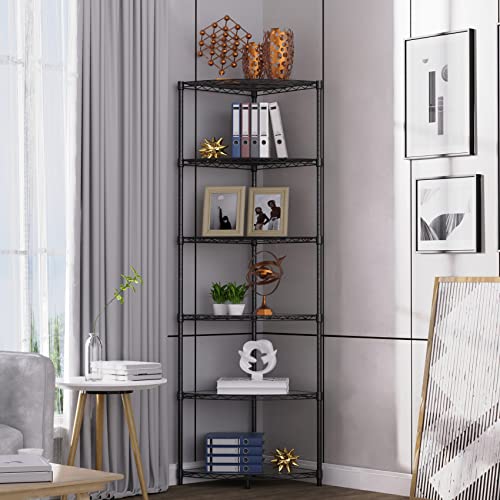 6 Tier NSF Corner Wire Shelf Shelving Unit, 18 x 18 x 72 Inch 420lbs Capacity Heavy Duty Adjustable Metal Storage Rack with Leveling Feet & Shelf Liners for Office Kitchen Bathroom and More - Black