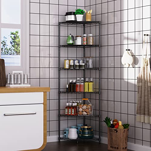 6 Tier NSF Corner Wire Shelf Shelving Unit, 18 x 18 x 72 Inch 420lbs Capacity Heavy Duty Adjustable Metal Storage Rack with Leveling Feet & Shelf Liners for Office Kitchen Bathroom and More - Black