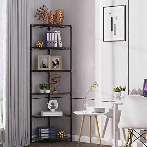 6 Tier NSF Corner Wire Shelf Shelving Unit, 18 x 18 x 72 Inch 420lbs Capacity Heavy Duty Adjustable Metal Storage Rack with Leveling Feet & Shelf Liners for Office Kitchen Bathroom and More - Black