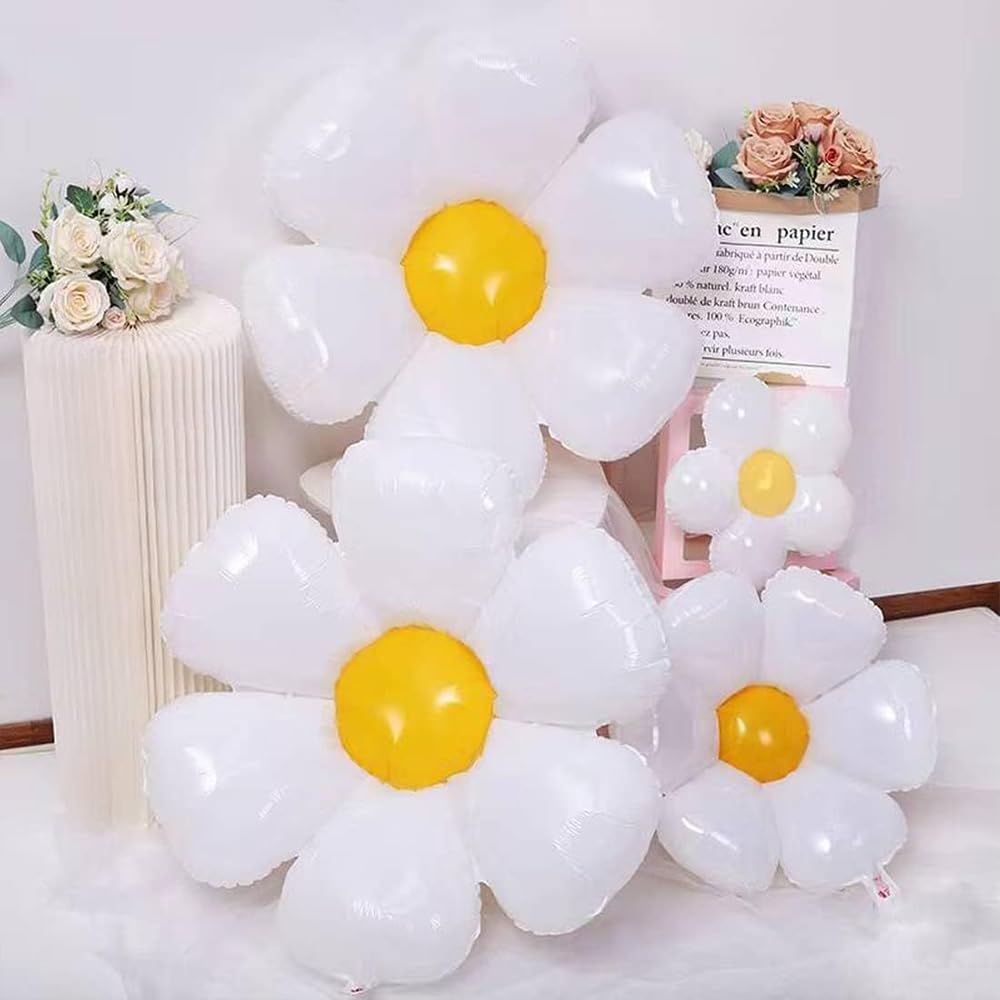 stshell 20 Pcs Daisy Balloons, 3 Sizes White Daisy Flower Aluminum Foil Balloons for Birthday, Wedding, Baby Shower, Daisy Theme Party Decorations