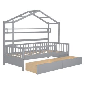 Harper & Bright Designs Twin House Bed with 2 Storage Drawers, Kids Twin Platform Bed Frame with Storage Shelves, Fence and Roof, Tent Bed, Wood Playhouse Bed Twin for Kids Teens Girls & Boys (Gray)